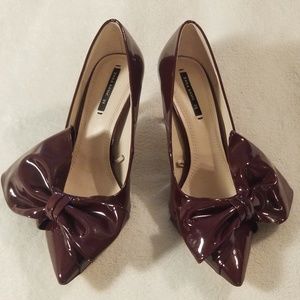 Zara | Shoes | Zara Sz 37 Maroon Patent Pvc Mid Heel W Bow Euc | Poshmark